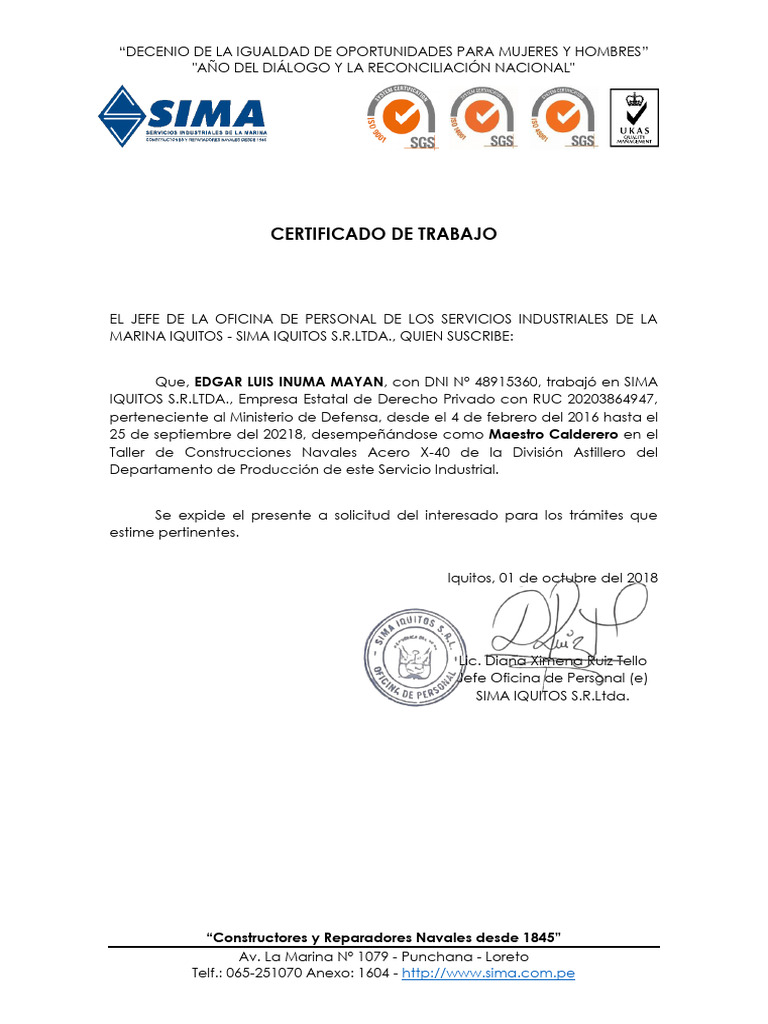 Certificado de Trabajo SIMA Iquitos | PDF