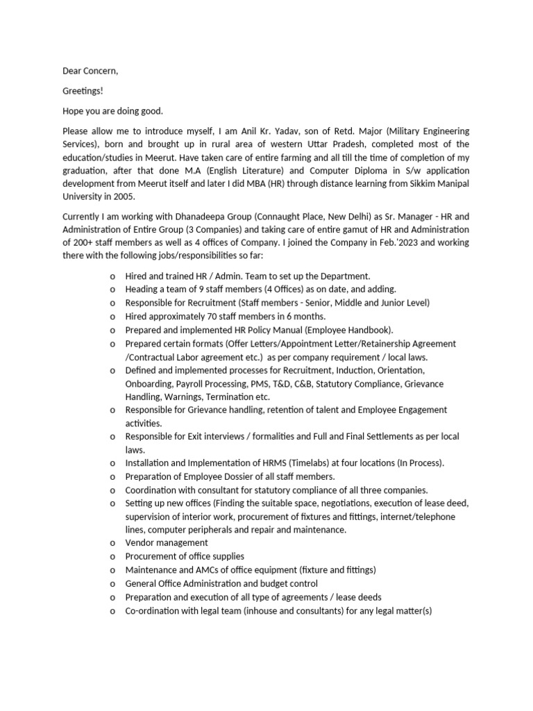 HR Manager Anil Yadav's Professional Profile | PDF | Business | Labor ...