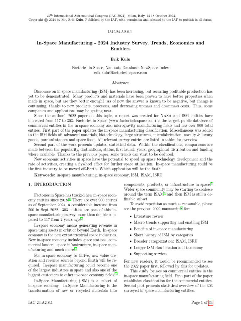 In-Space Manufacturing Trends 2024 | PDF | Nasa | European Space Agency