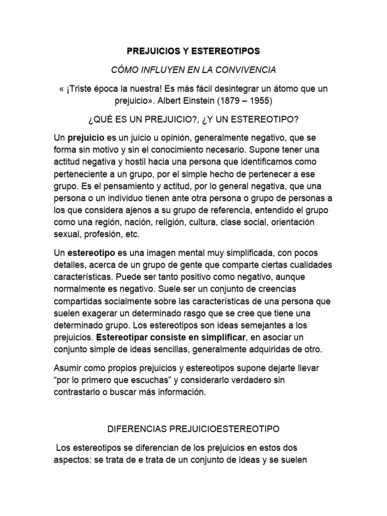Prejuicios y Estereotipos en la Convivencia | PDF | Estereotipos ...