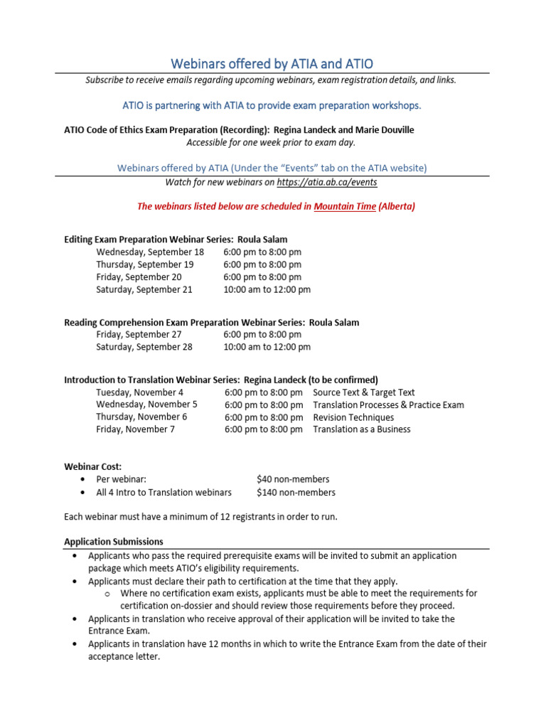 Upcoming ATIA and ATIO Webinars | PDF | Translations