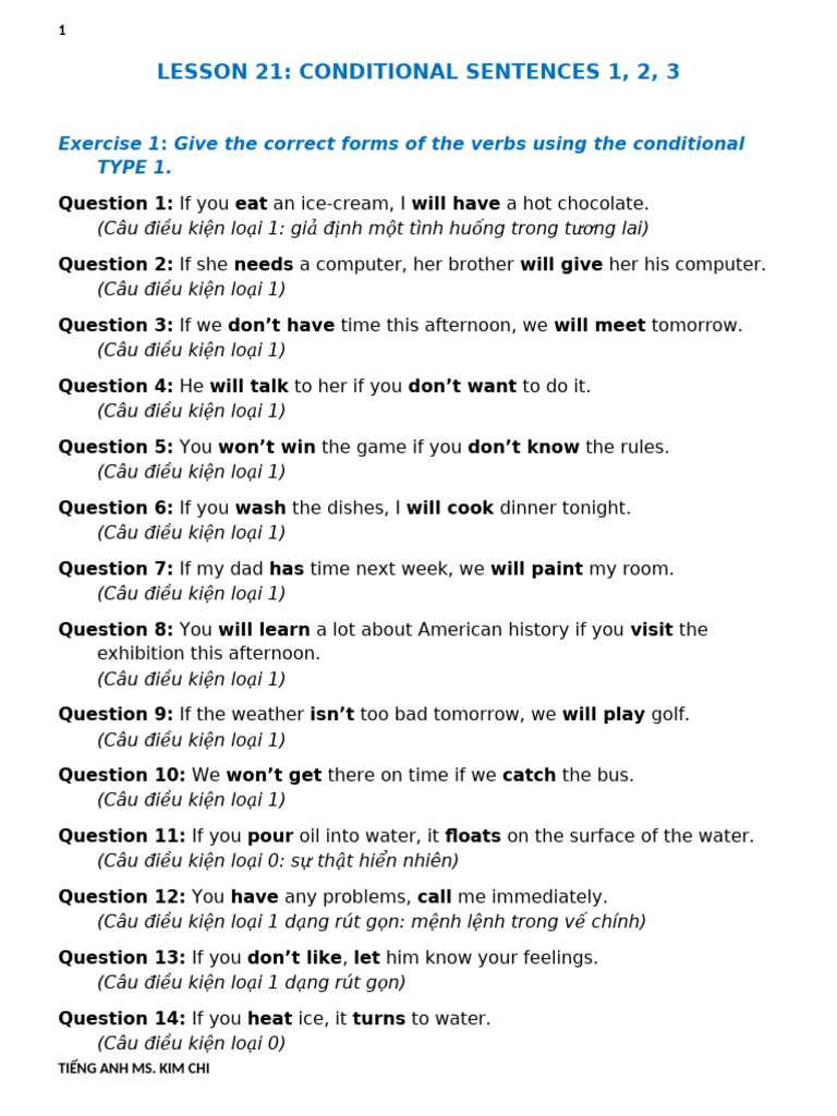 Đáp Án - Lesson 21 - Homework - Conditional Sentences 1, 2, 3 | PDF