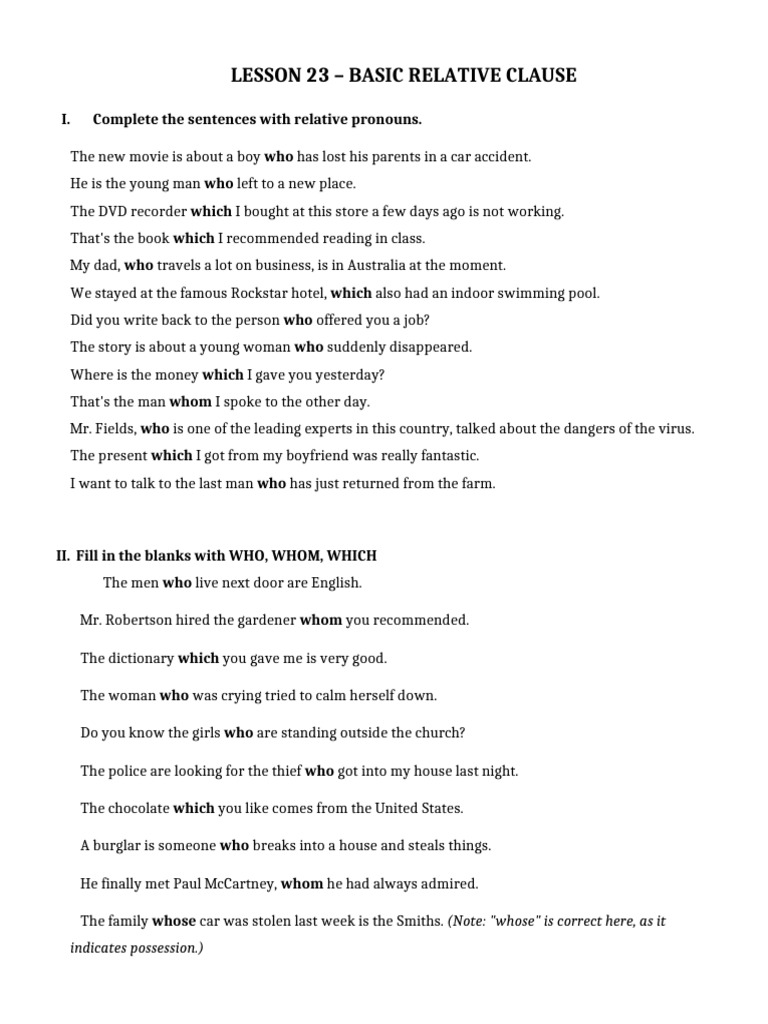 Basic Relative Clauses Lesson Guide | PDF