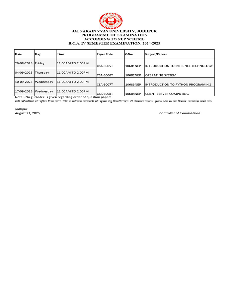 Bca Fourth Semester Nep Scheme Examination 2025 | PDF