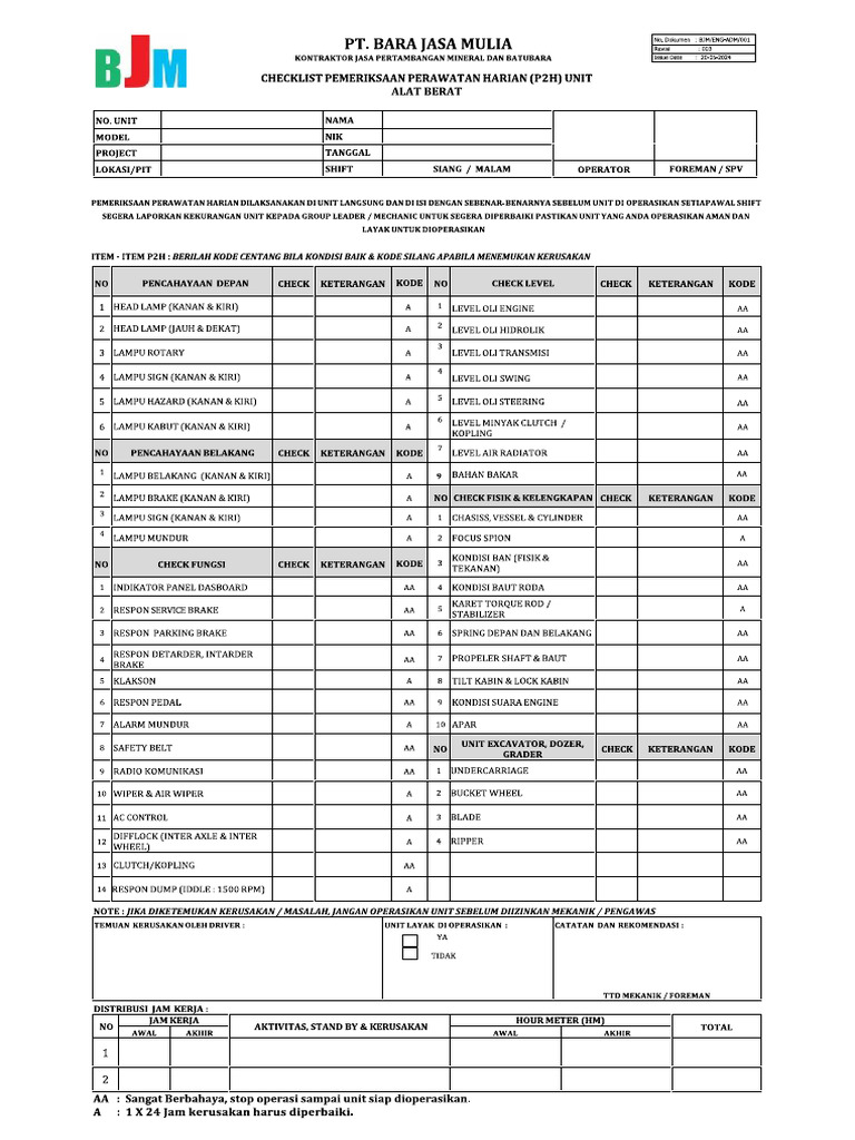 p2h Unit Alat Berat Pt. BJM PDF | PDF