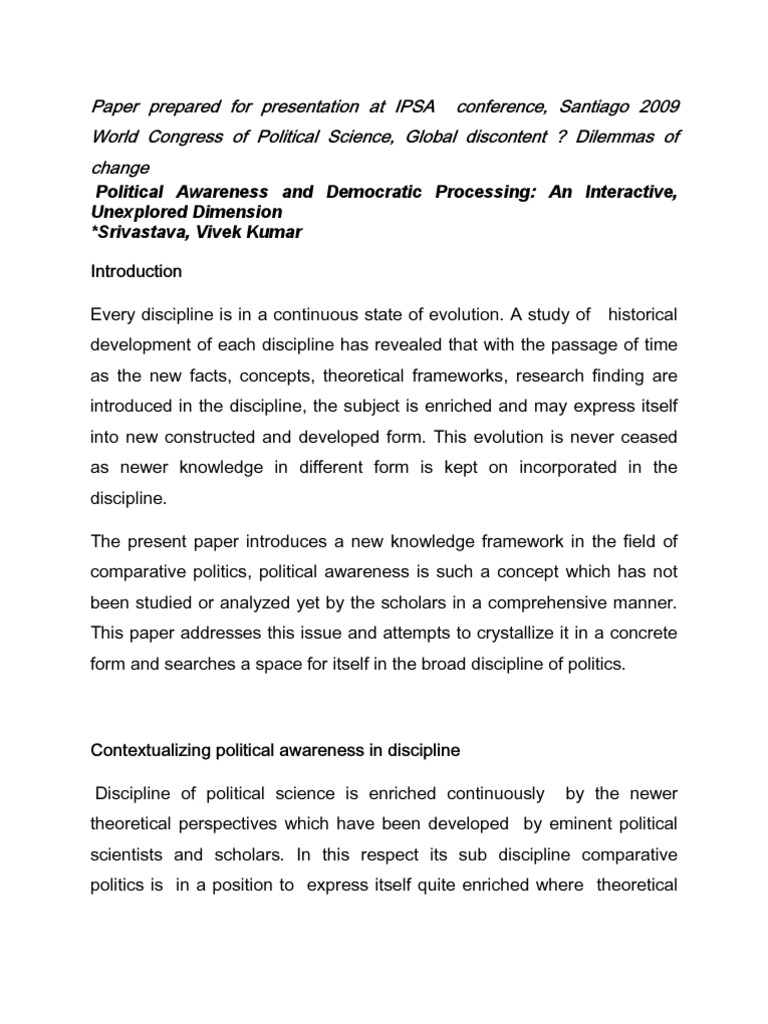 Vive Kumar Srivastava, Political Awareness, IPSA, Mainstream | PDF