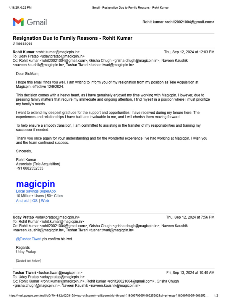 Gmail - Resignation Due To Family Reasons - Rohit Kumar | PDF | Google ...