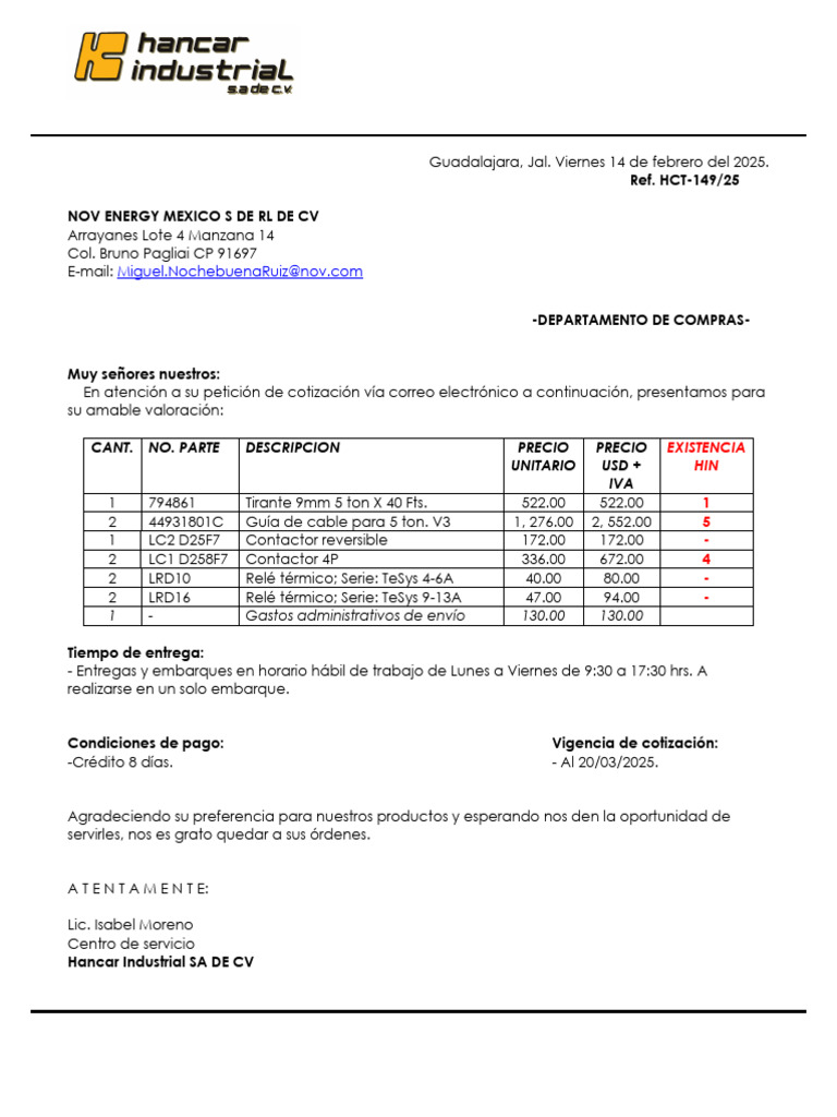 Ref. HCT-149/25 Nov Energy Mexico S de RL de CV: Cant. No. Parte ...