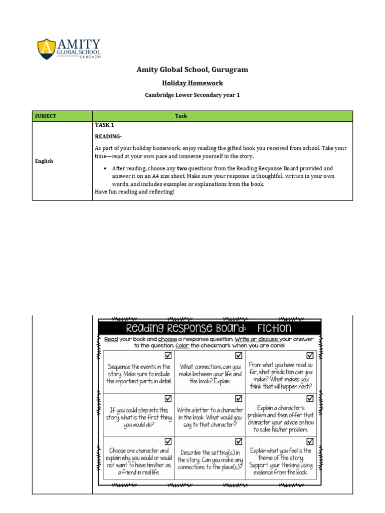 LS 1 - Holiday Homework (All Subjects) | PDF