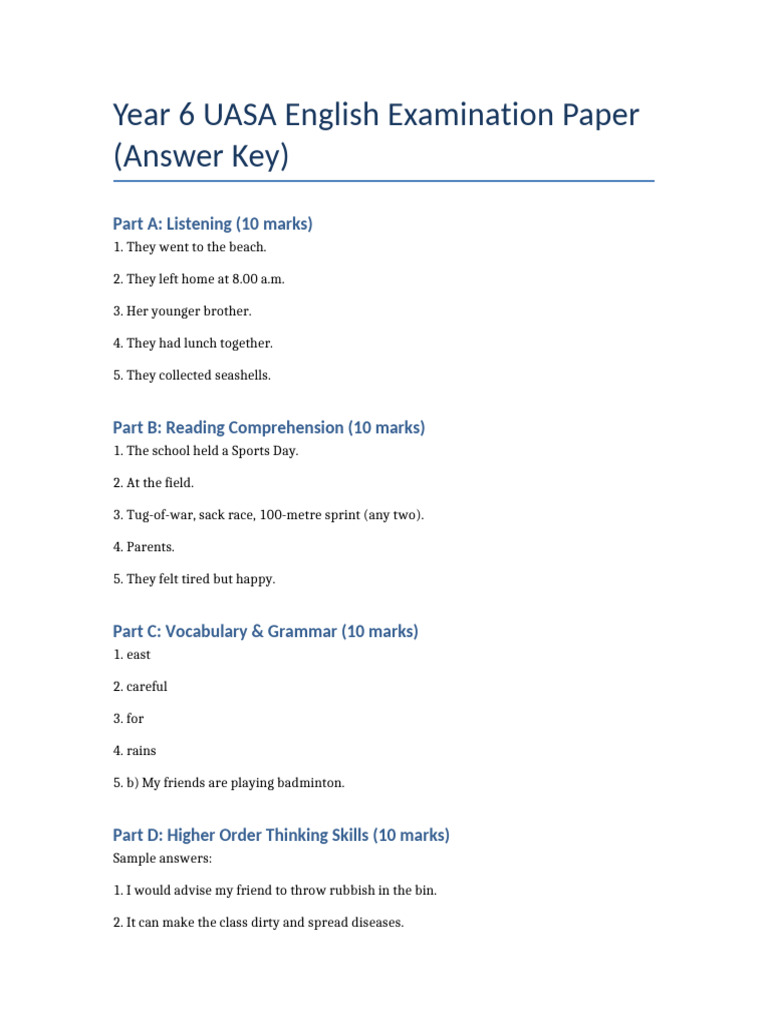 Year6 UASA English Answer Key | PDF