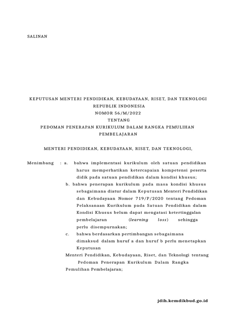 Kepmendikbudristek No.56 Ttg Pedoman Penerapan Kurikulum Merdeka Sinau ...