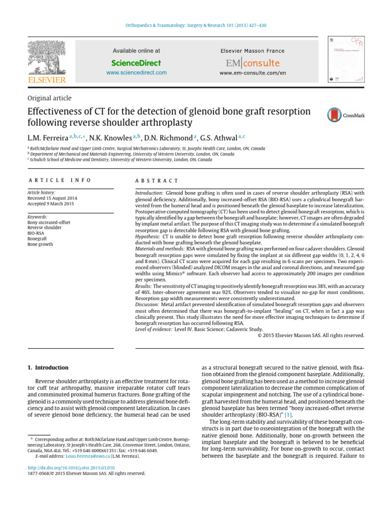Effectiveness of CT For The Detection of Glenoid Bone Graft Resorption ...