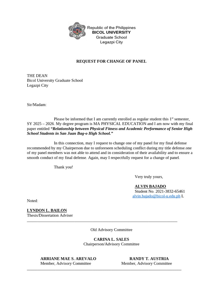 Change of Panel Request for Thesis Defense | PDF | Thesis | Academic Degree