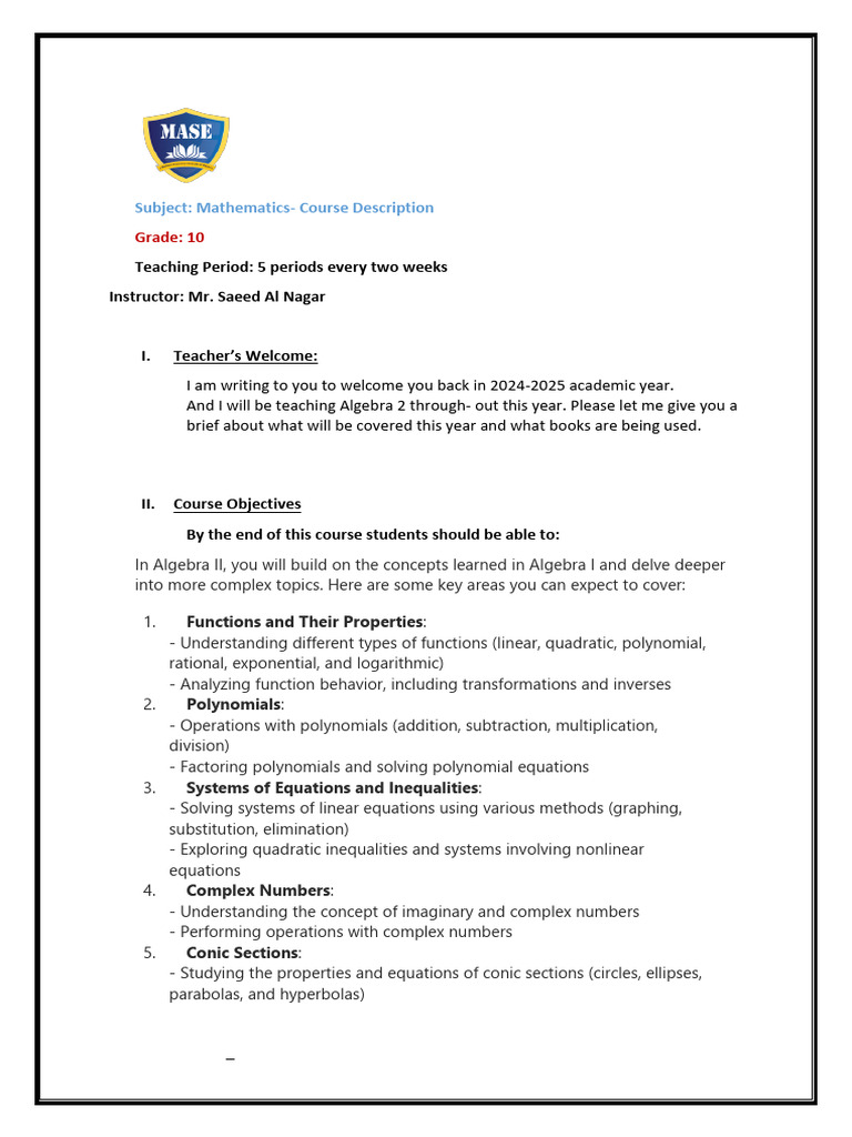 Grade 10 Algebra II Course Overview | PDF | Equations | Algebra