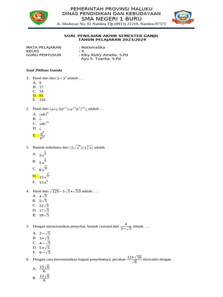 Soal Pas Kelas x Ganjil Tahun 2023 Fixx | PDF
