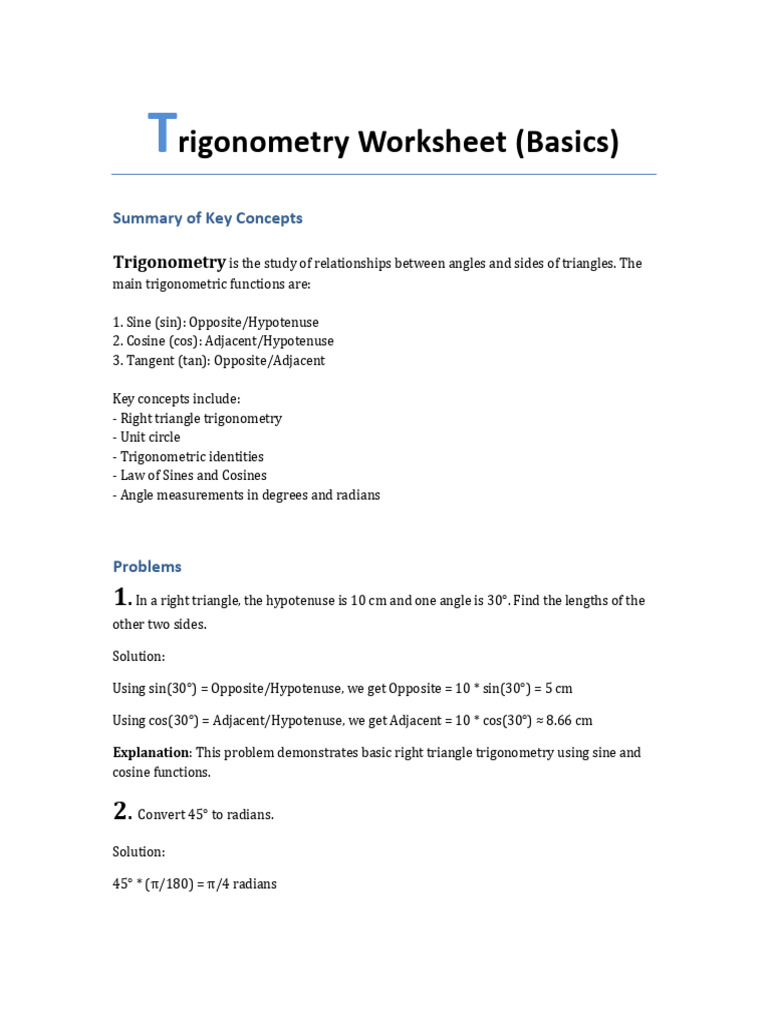 Trigonometry Basics Explained With Solved Examples (PDF Worksheet) | PDF | Trigonometry ...
