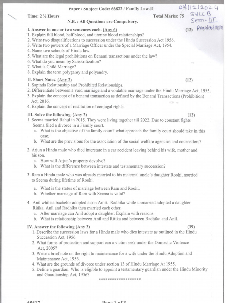 Family Law II Exam Questions and Topics | PDF | Marriage | Social ...