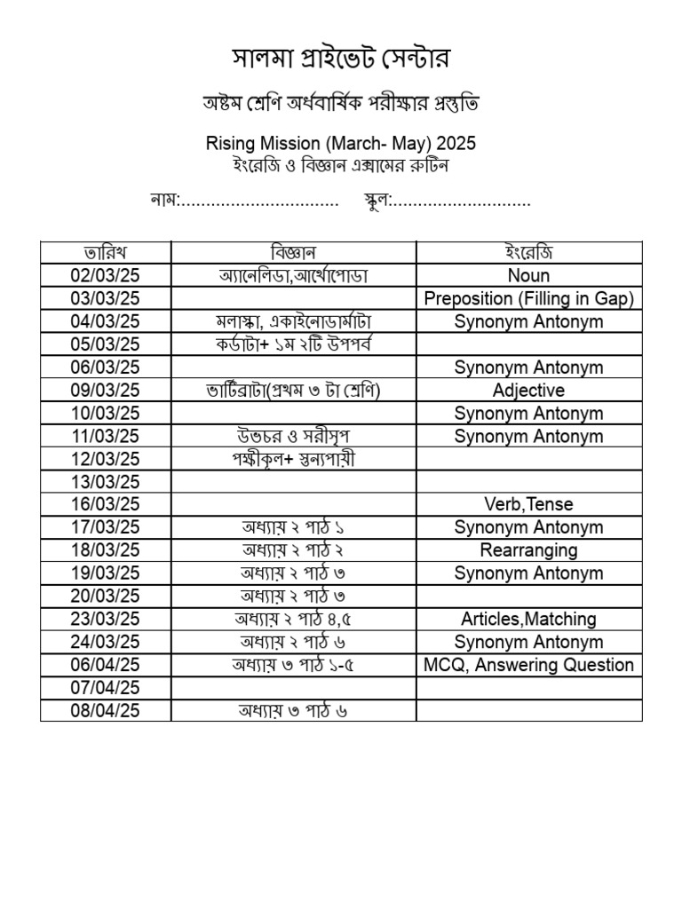 Class 8 Exam Routine | PDF