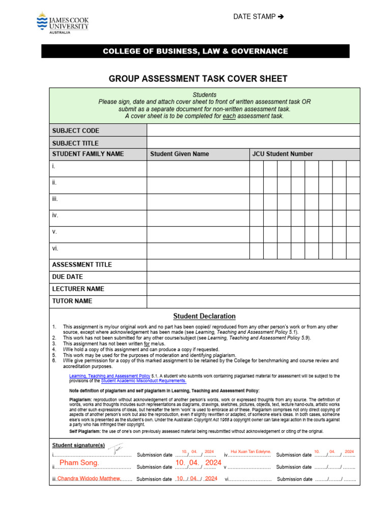 Group Assessment Task Cover Sheet | PDF | Plagiarism | Intellectual ...