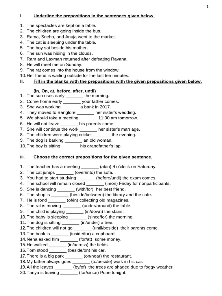Prepositions and Conjunctions Exercises | PDF