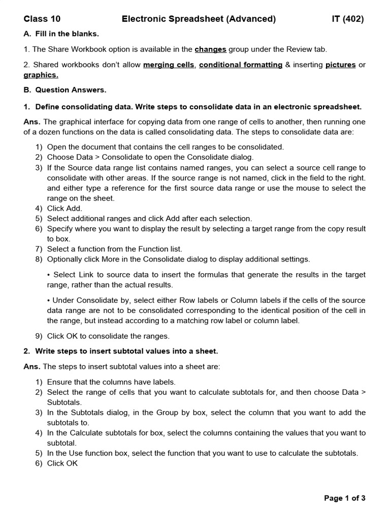 Chapter - Electronic Spreadsheet (Advanced) Class 10 | PDF | Spreadsheet | Hyperlink