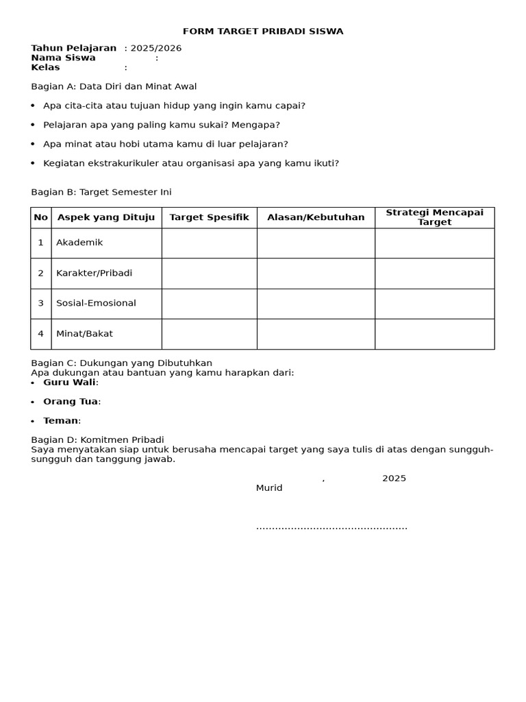 From Target Pribadi Siswa Guru Wali | PDF