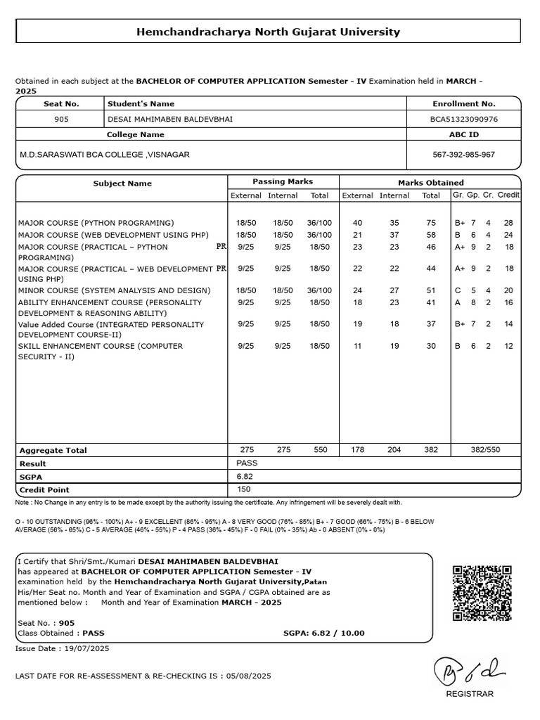 BCA51323090976 Semester 4 MarkSheet Report | PDF | Educational Stages