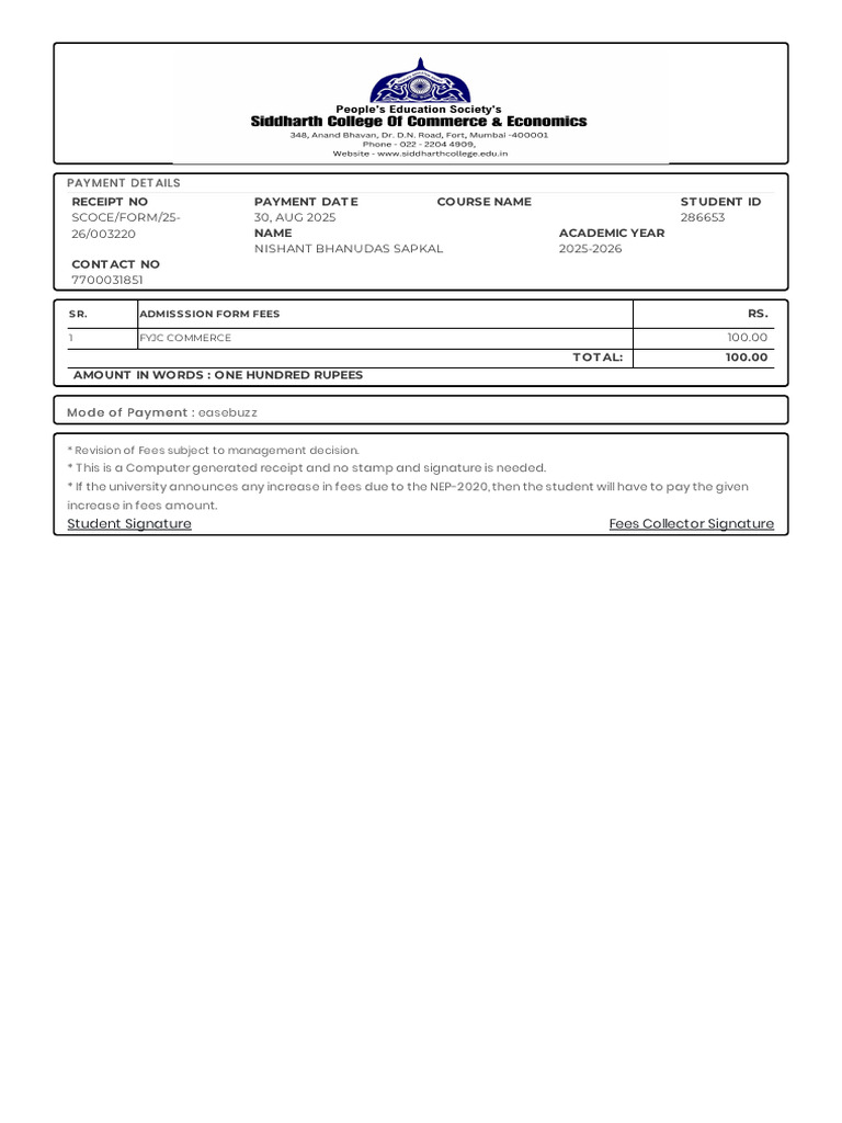 Receipt No Payment Dat E Course Name ST Udent Id Name Academic Year ...