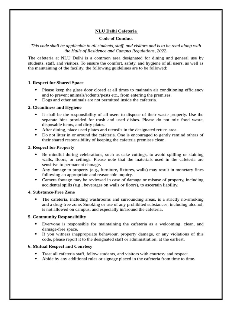 NLUD Cafeteria - Code of Conduct | PDF | Waste