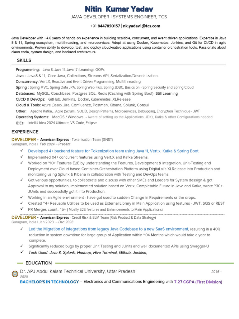 Resume Nitin Kumar Yadav TCS | PDF | Java (Programming Language) | Cloud Computing
