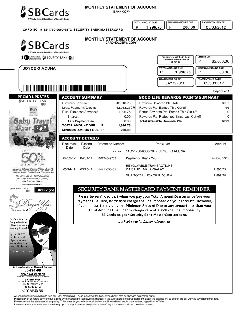 Security Bank Mastercard Statement Summary | PDF