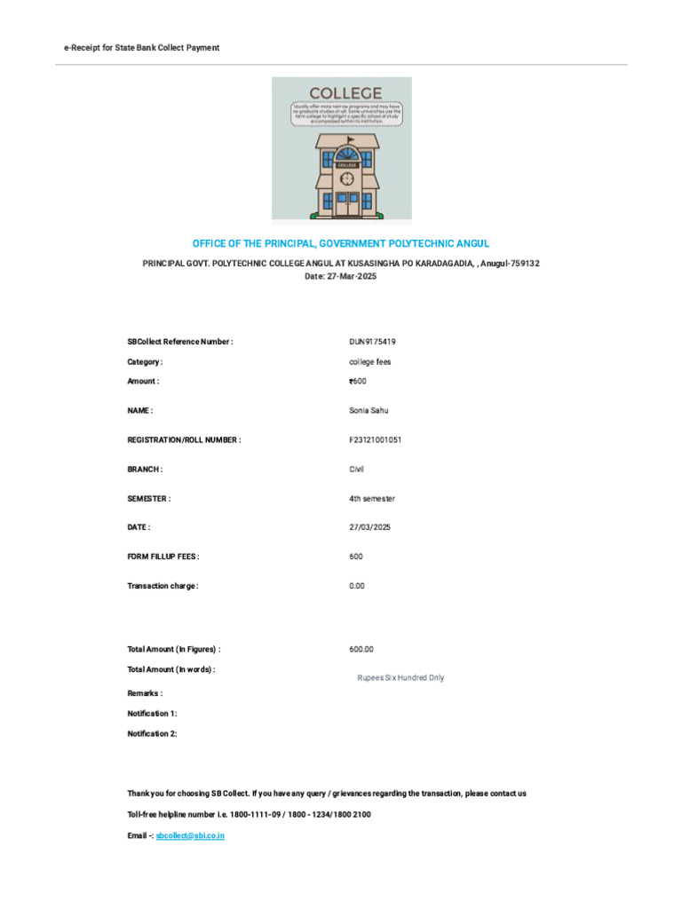 e-Receipt for College Fee Payment | PDF