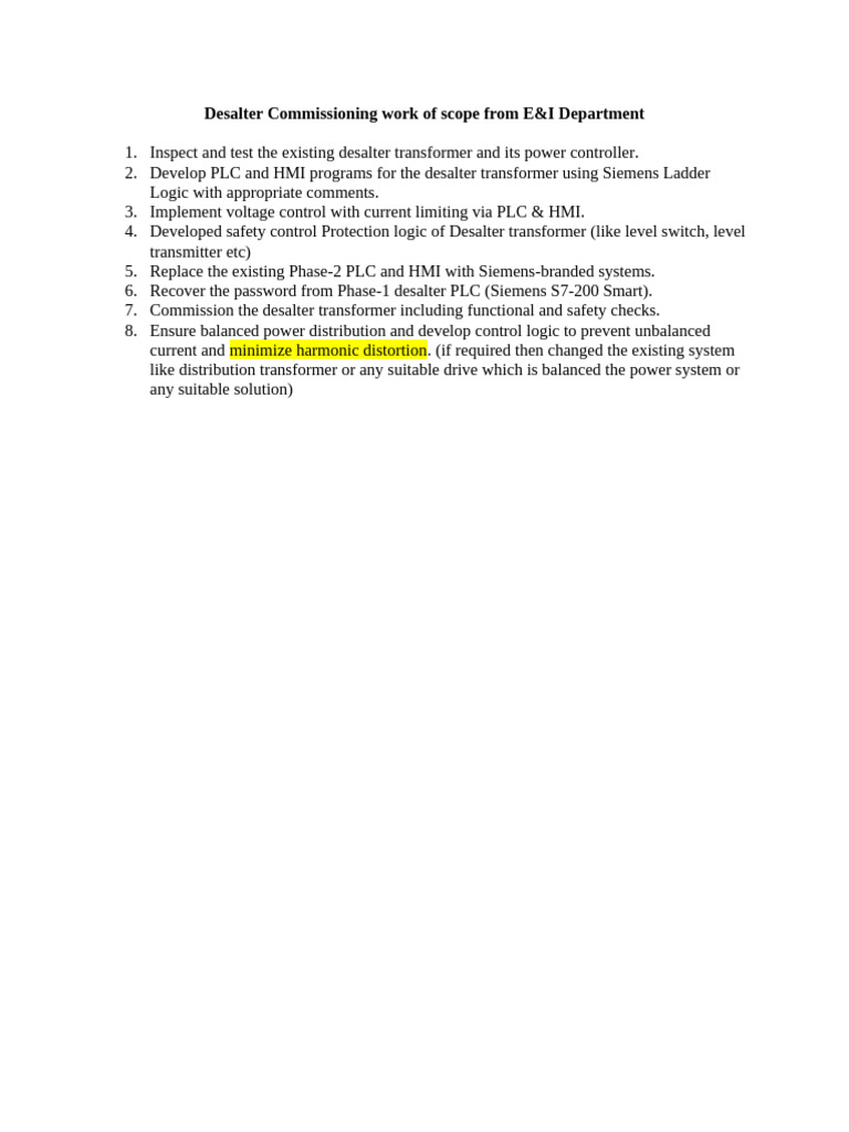 Work of Scope Desalter Commissioning E&I | PDF