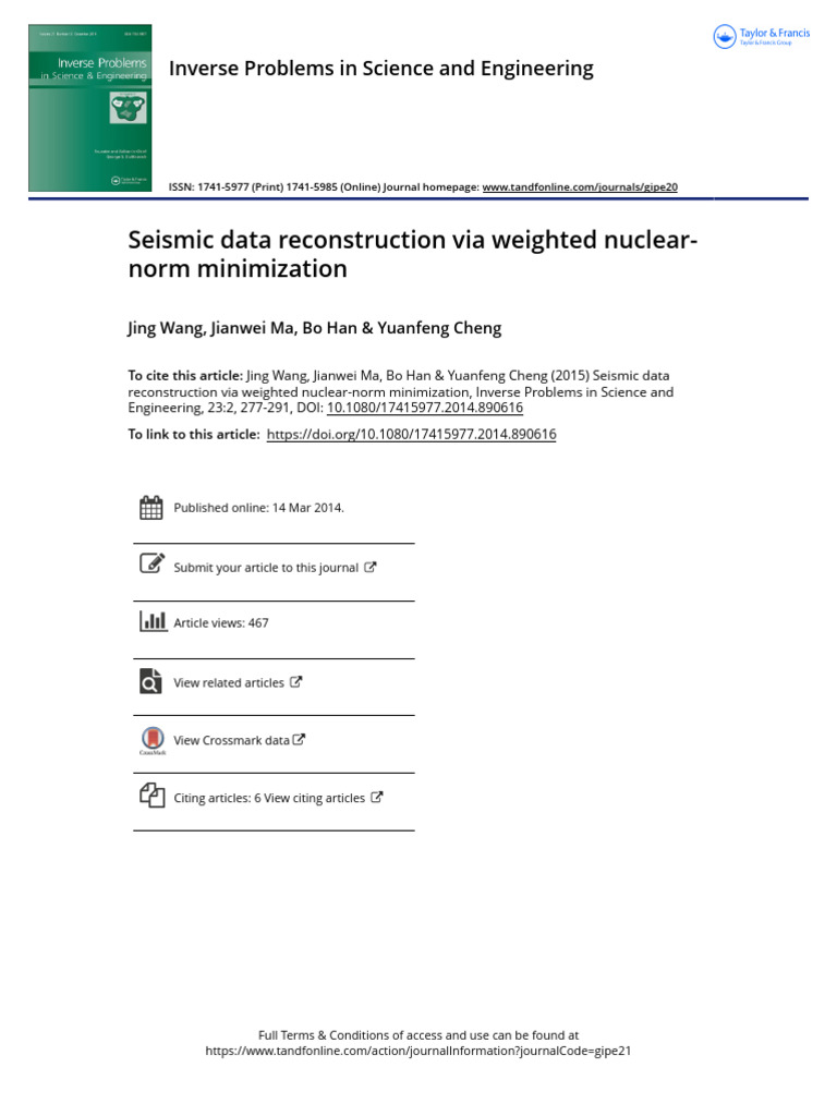 Seismic Data Reconstruction Via Weighted Nuclear-Norm Minimization | PDF | Matrix (Mathematics ...