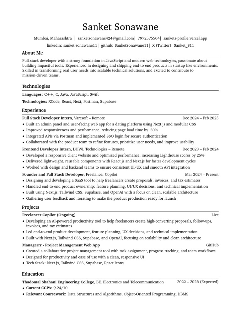 Sanket Resume (FullStack) | PDF | Usability | Systems Engineering