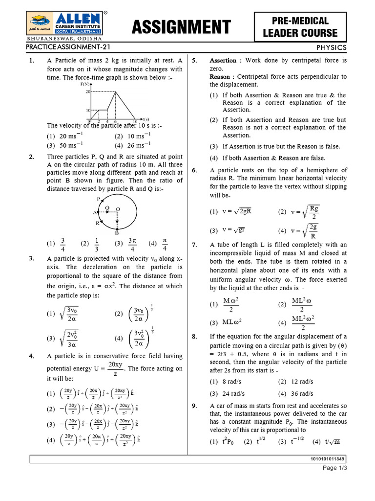 Practice Assignment#21 Phy Leader SC | PDF | Force | Acceleration