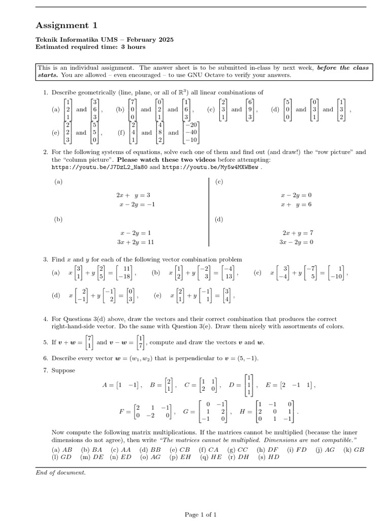 Linear Combinations and Vector Analysis | PDF | Matrix (Mathematics ...