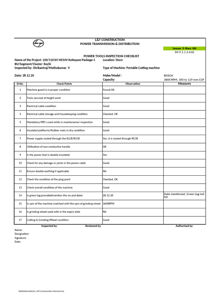 IM 9.1.1.3 A10 Power Tools Inspection Checklist | PDF | Electric Power Transmission | Grinding ...