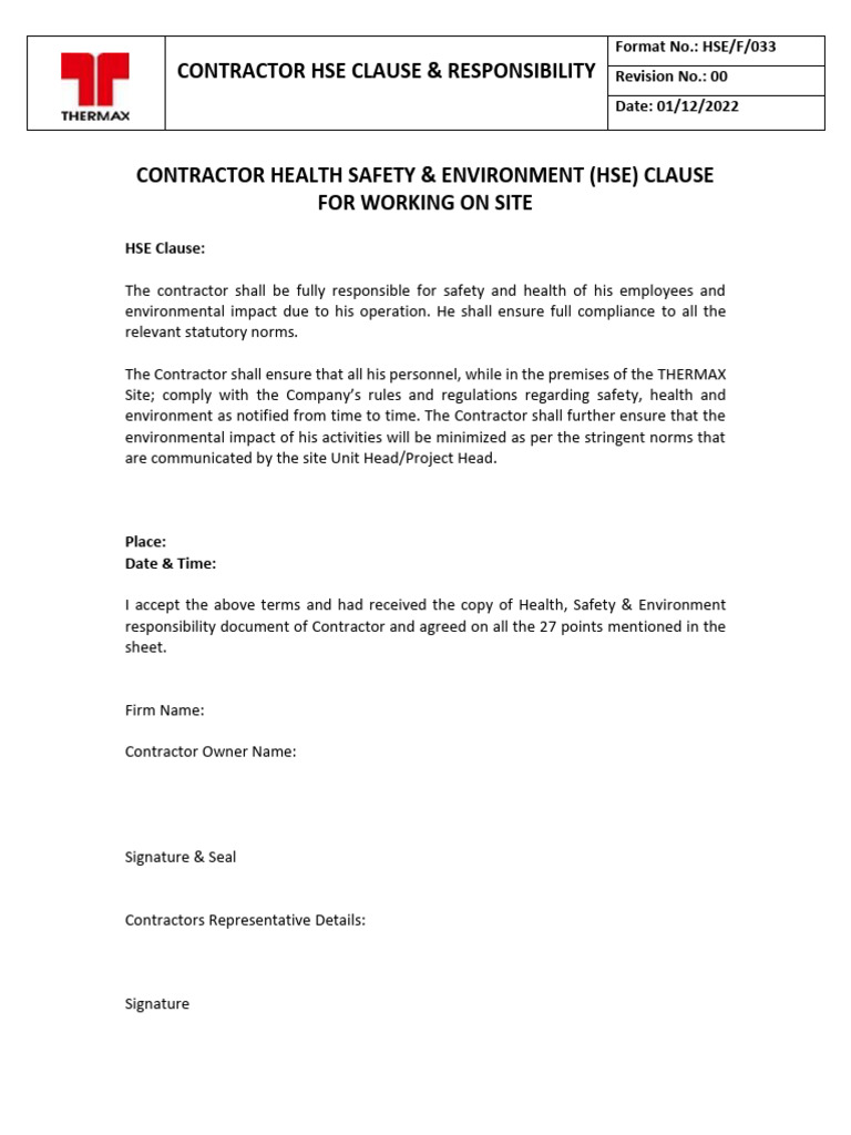 Contractors HSE Clause HSE F 033 R00 | PDF | Safety | Regulatory Compliance