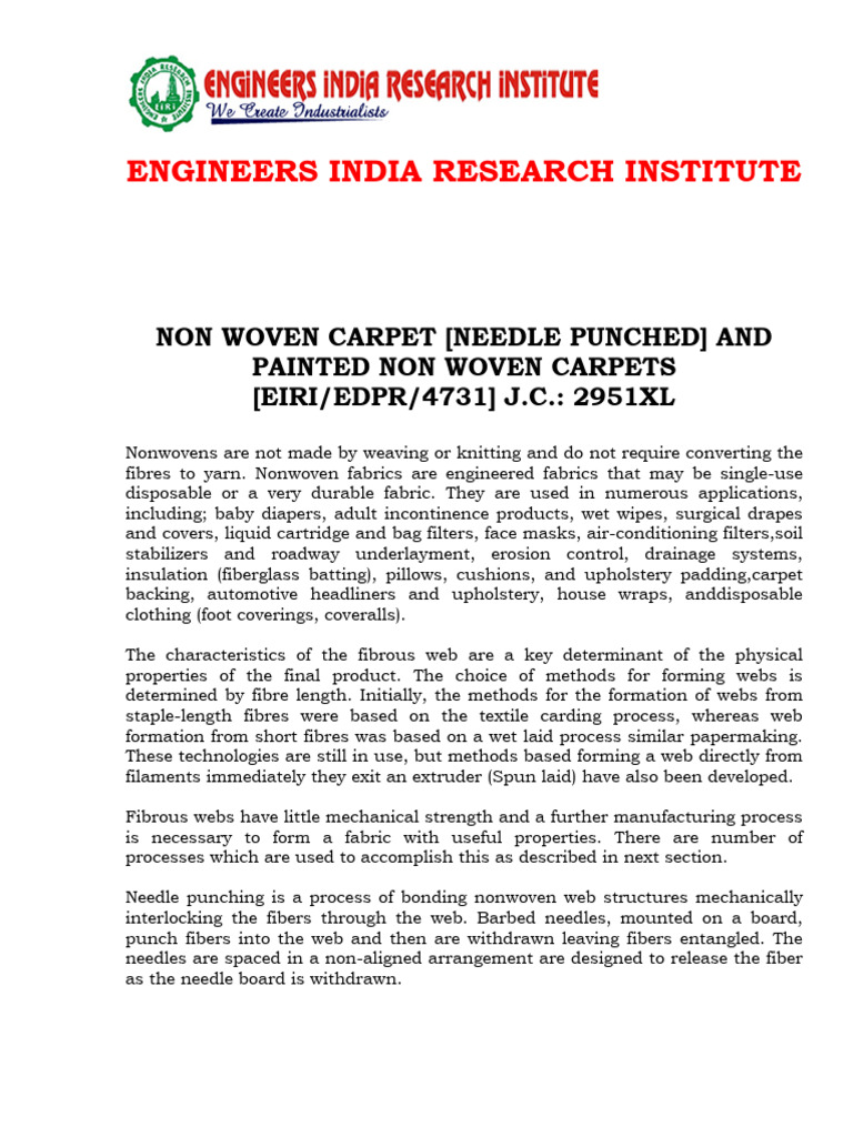 Detailed Project Report On NON WOVEN CARPET (NEEDLE PUNCHED) AND ...