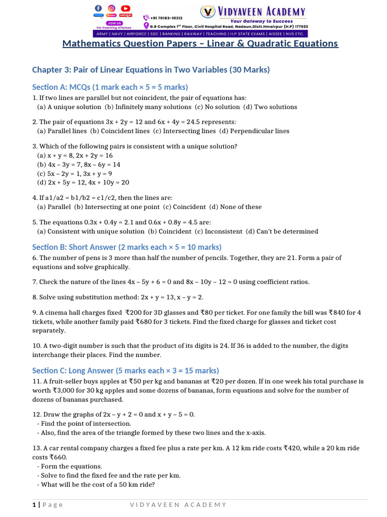 Linear & Quadratic Equations Practice | PDF | Equations | Quadratic ...