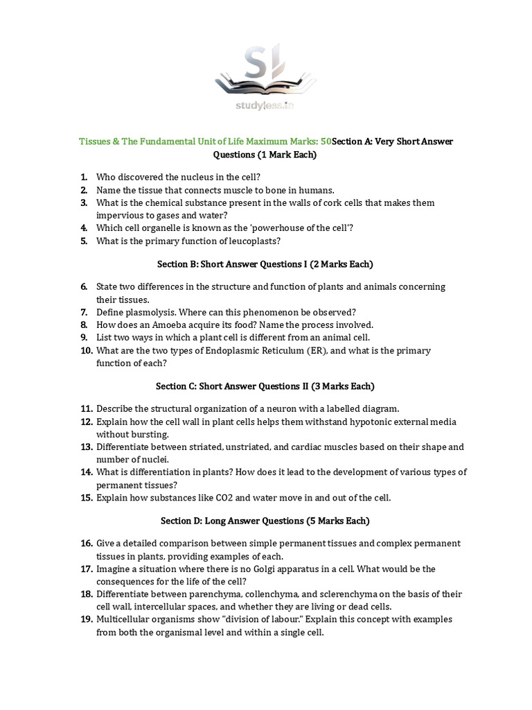 Tissues and Cell Structure Exam Guide | PDF