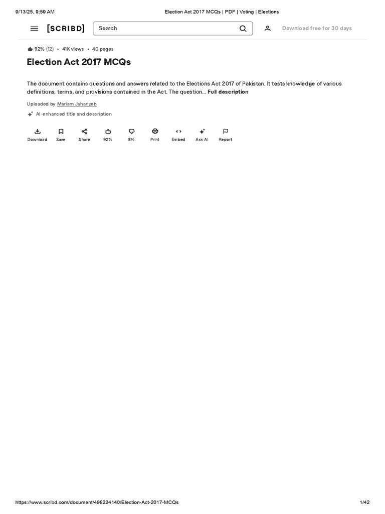 Election Act 2017 MCQs - PDF - Voting - Elections | PDF | Scribd ...