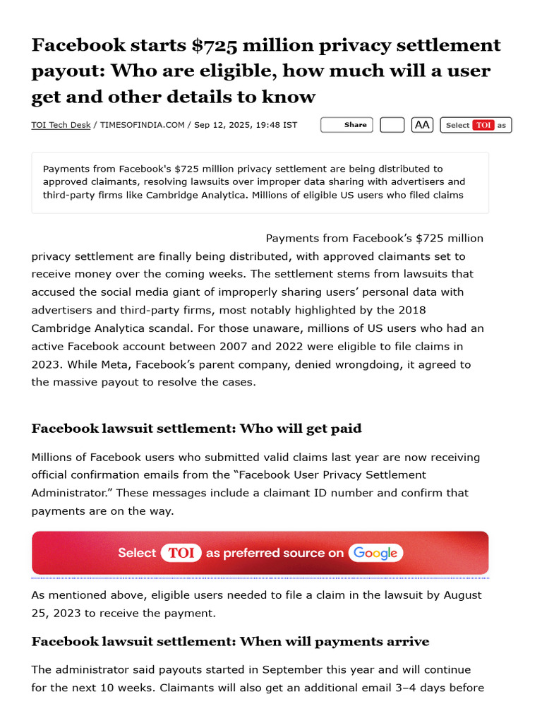 Facebook Starts $725 Million Privacy Settlement Payout: Who Are Eligible, How Much Will A User ...