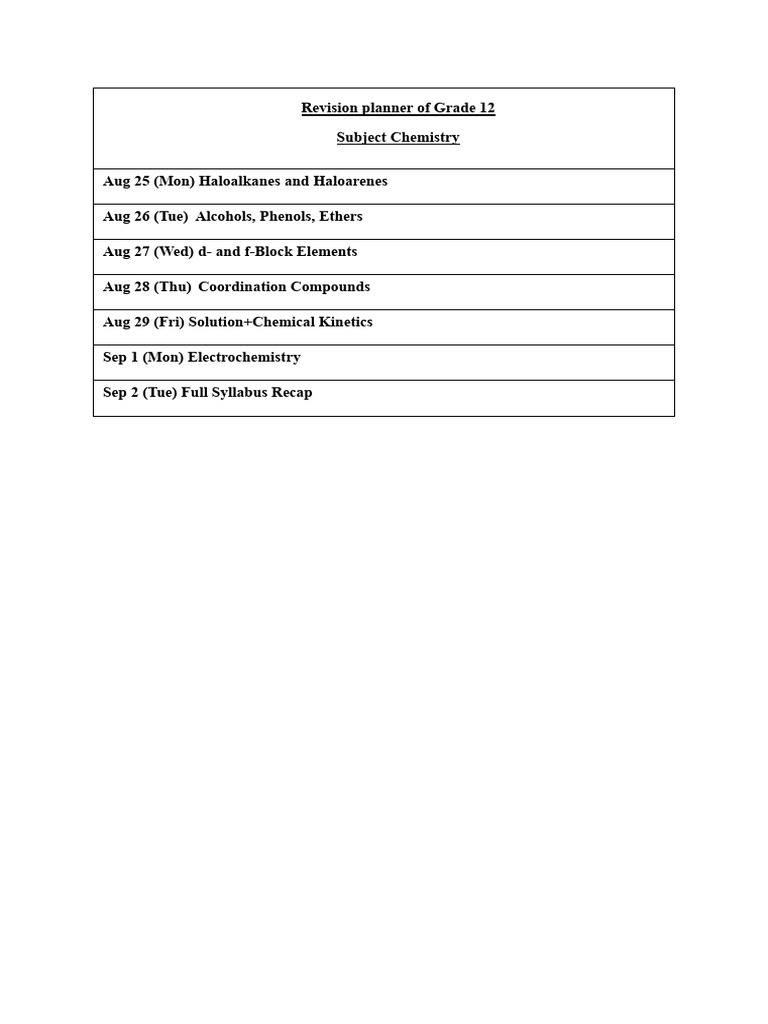 Grade 12 Chemistry Revision Schedule | PDF