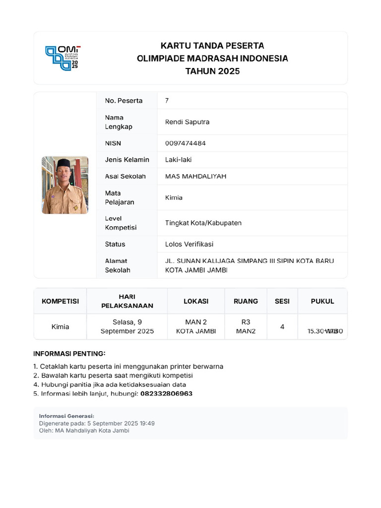 Kartu Peserta Rendi Saputra 2025 09 05 | PDF