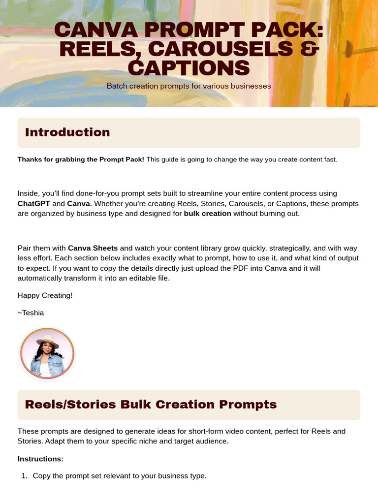 Canva Prompt Pack Reels, Carousels & Captions | PDF | Brand | Target ...