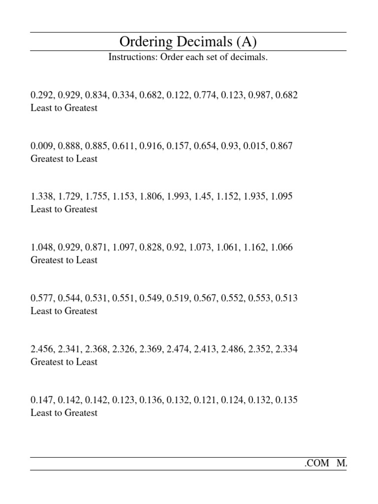 Decimals Ordering Thousandths 001.1360943760 | PDF