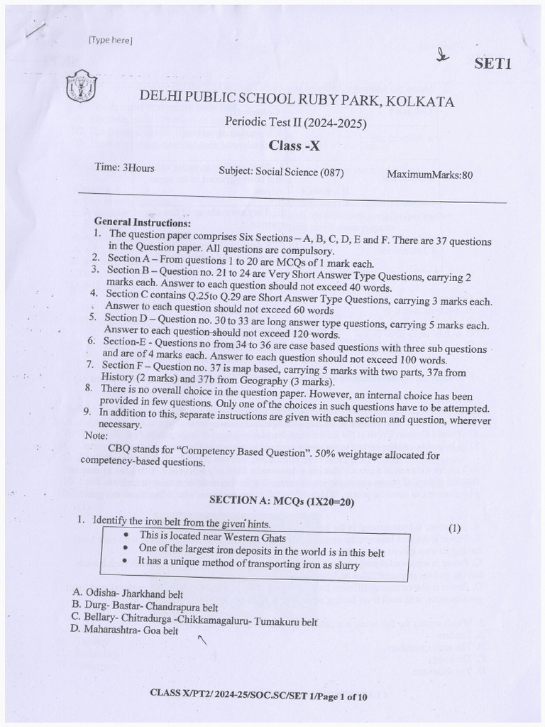 CL 10 Periodic Test 2 So Science 2024-25 | PDF