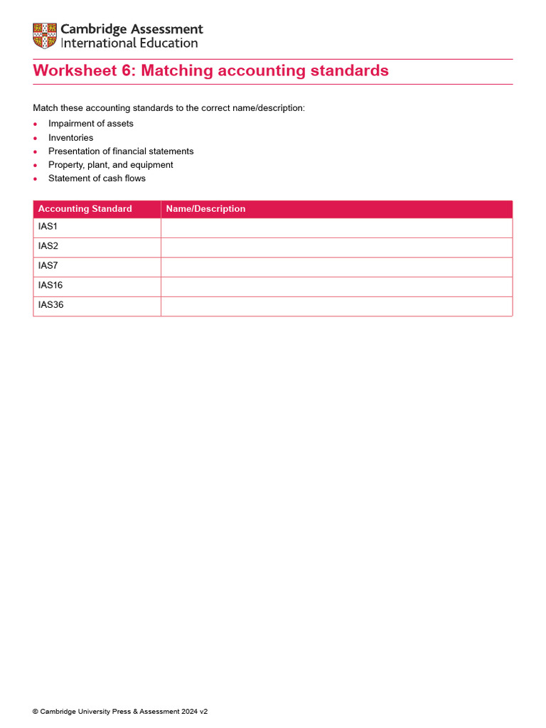 Match Accounting Standards Worksheet | PDF